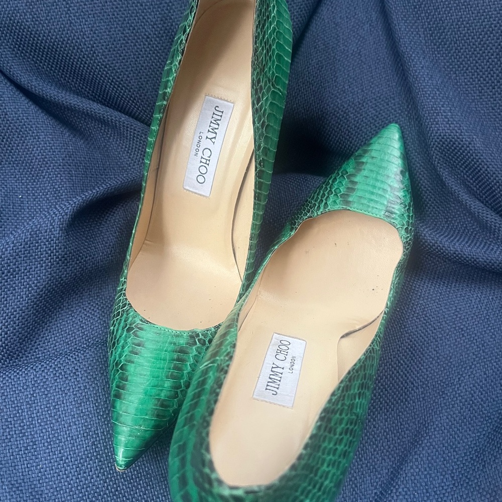Jimmy Choo Anouk Green Snake Embossed Skin Pumps - Gem